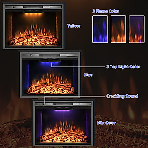 Velaychimney Electric Fireplace Insert, 36 Inches Recessed Fireplace Heater with Adjustable Flame and Top Light Colors, Fire Crackling Sound, Remote Control, Timer, 750W/1500W, Black
