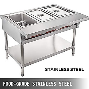 VBENLEM Commercial Electric Food Warmer 3 Pot Steam Table Food Warmer 18 Quart/Pan with Lids with 7 Inch Cutting Board Food Grade Stainless Steel Steam Table Serving Counter 110V 1500W for Restaurant