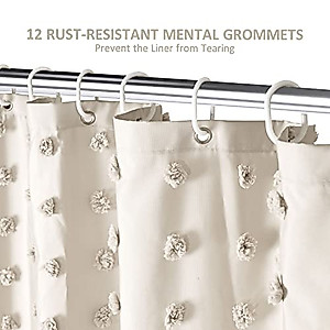 Boho Farmhouse Beige/Cream Shower Curtain Woven Fabric Cute Shower Curtain, 72 x 72 Tufted Pleat Floral Puffs Textured Modern Farmhouse Minimalist Shower Curtain Set with Hooks for Bathroom