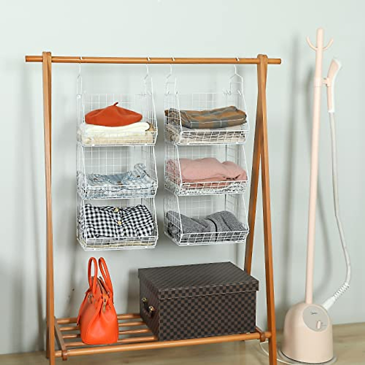 X-cosrack 6 Tier Closet Hanging Organizer, Clothes Hanging Shelves with 4 Hanging Hooks 5 S Hooks, Wire Storage Basket Bins, for Clothing Sweaters Shoes Handbags Clutches Accessories Patent Design
