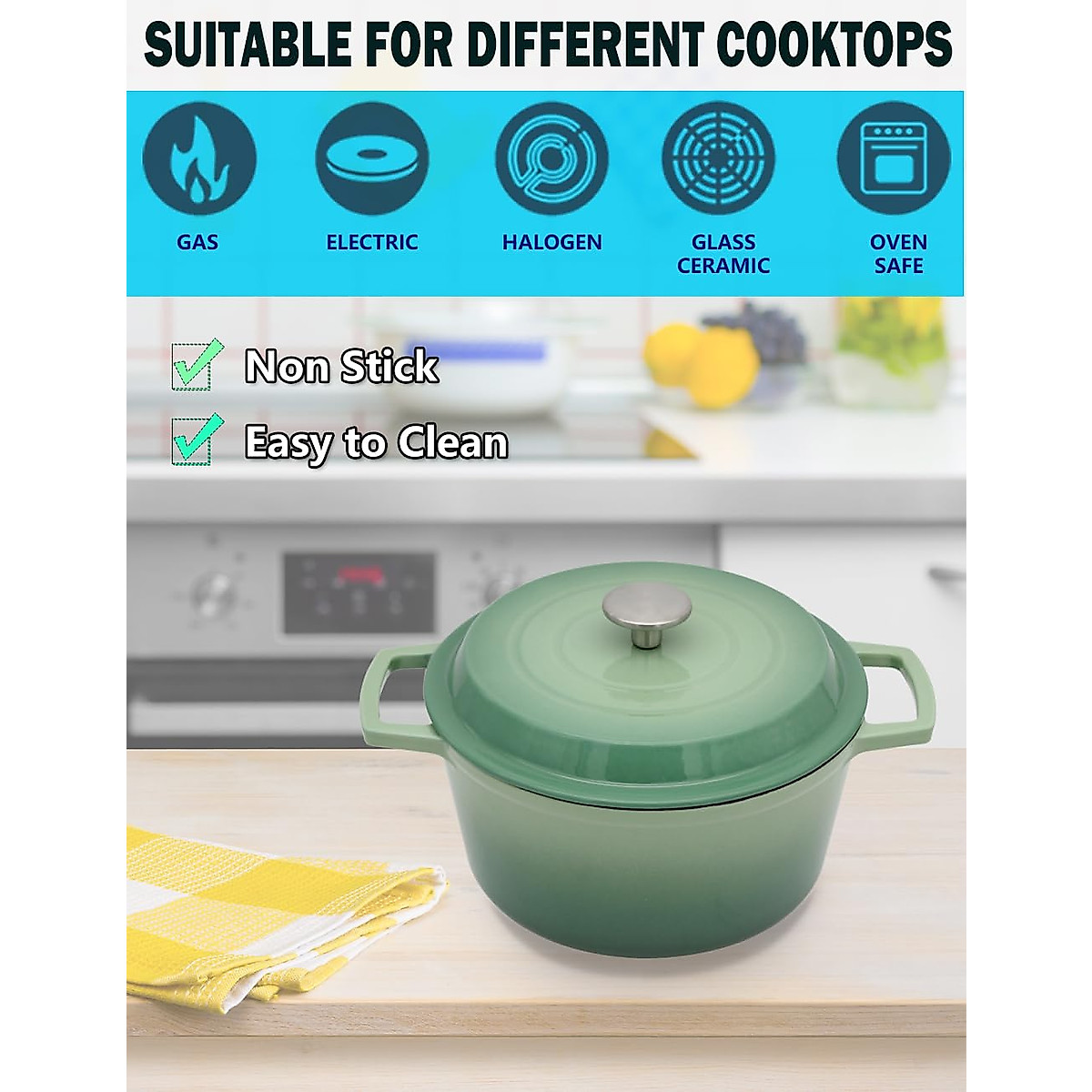 NWsystems 4.2 QT Cast Iron Dutch Oven, Non-stick and Enamel Interior, Multi-purpose Cooking & Baking, Suitable to All Kinds of Cooktops, Dishwasher Safe, the Gift for Family and Friends - Pine Green