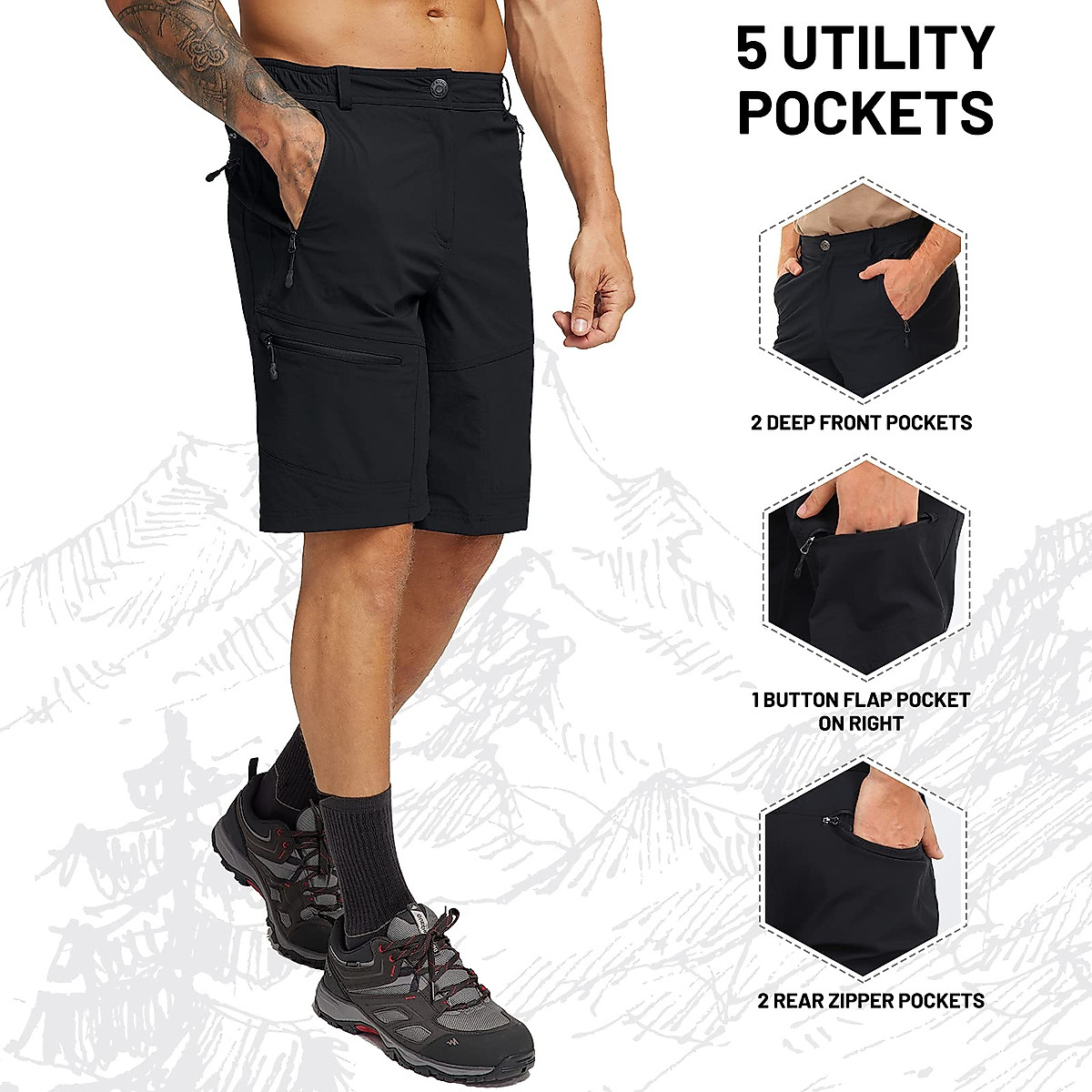 MIER Men’s Quick Dry Hiking Shorts Lightweight Nylon Stretch Outdoor Trail Shorts, 5 Zipper Pockets, 32, Black