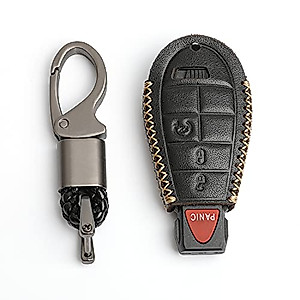 WFMJ Leather for IYZ-C01C Chrysler 300 Town & Country Dodge Challenger Durango Grand Caravan Journey Magnum Ram 1500 2500 3500 Jeep Grand Cherokee 4 Buttons Key Fob Case Cover Chain