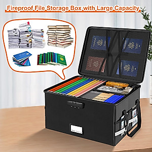 Raybee File Box Fireproof Document Box with Lock Portable File Storage Organizer Box with Mesh Pockets Collapsible Filling Box with Handle Home Office Safe File Cabinet for Hanging Letter