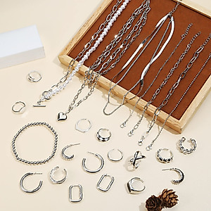 Sanfenly 21 PCS Silver Jewelry Set with 3 PCS Silver Plated Necklaces, 5 PCS Chain Bracelets, 3 Pairs Hoop Earrings, 10 Pcs chunky Rings for Women Fashion Jewelry Valentine Anniversary Birthday Gift