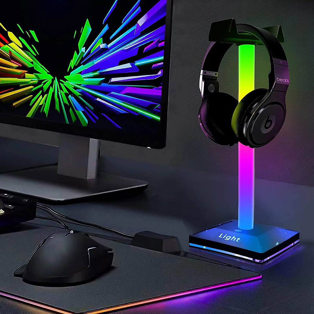 MOCIUN USB Gaming Desktop Headphone Display Stand, RGB Gaming Headphone Stand with Usb2.0 Hub and 3.5mm Port Audio T-ouch Control Led Strip Lamp (A)
