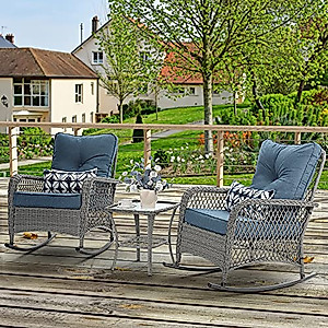 UDPATIO Rocking Chairs for Outside, Rattan Rocking Chair Outdoor with 4'' Thick Cushions & 3.2''Wide Armrest for Backyard, Porch, Balcony, Poolside, 350lbs Weight Capacity,Blue