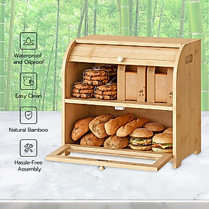 HOOBRO Bread Box, Bamboo Bread Box for Kitchen Countertop, 2 Tier Roll-Top Bread Bin, Food Storage Box, Large Capacity Keeper, Wooden Storage Cabinet, for Kitchen, Dining Room, Natural YL13MB01