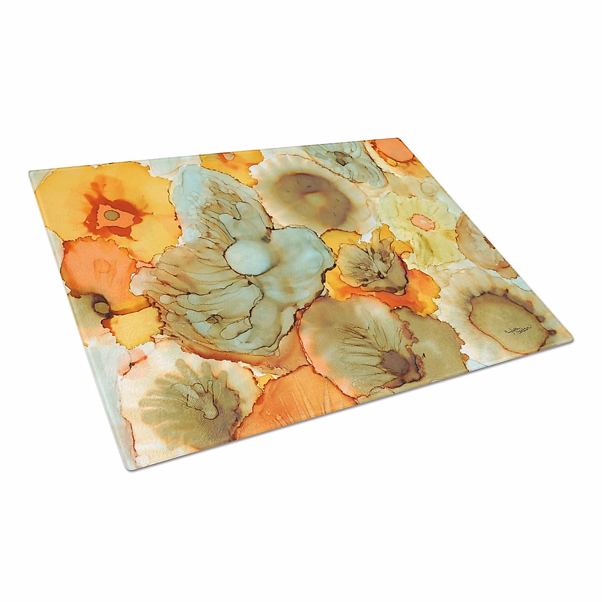 Caroline's Treasures 8969LCB Abstract Flowers Teal and Orange Glass Cutting Board Large Decorative Tempered Glass Kitchen Cutting and Serving Board Large Size Chopping Board