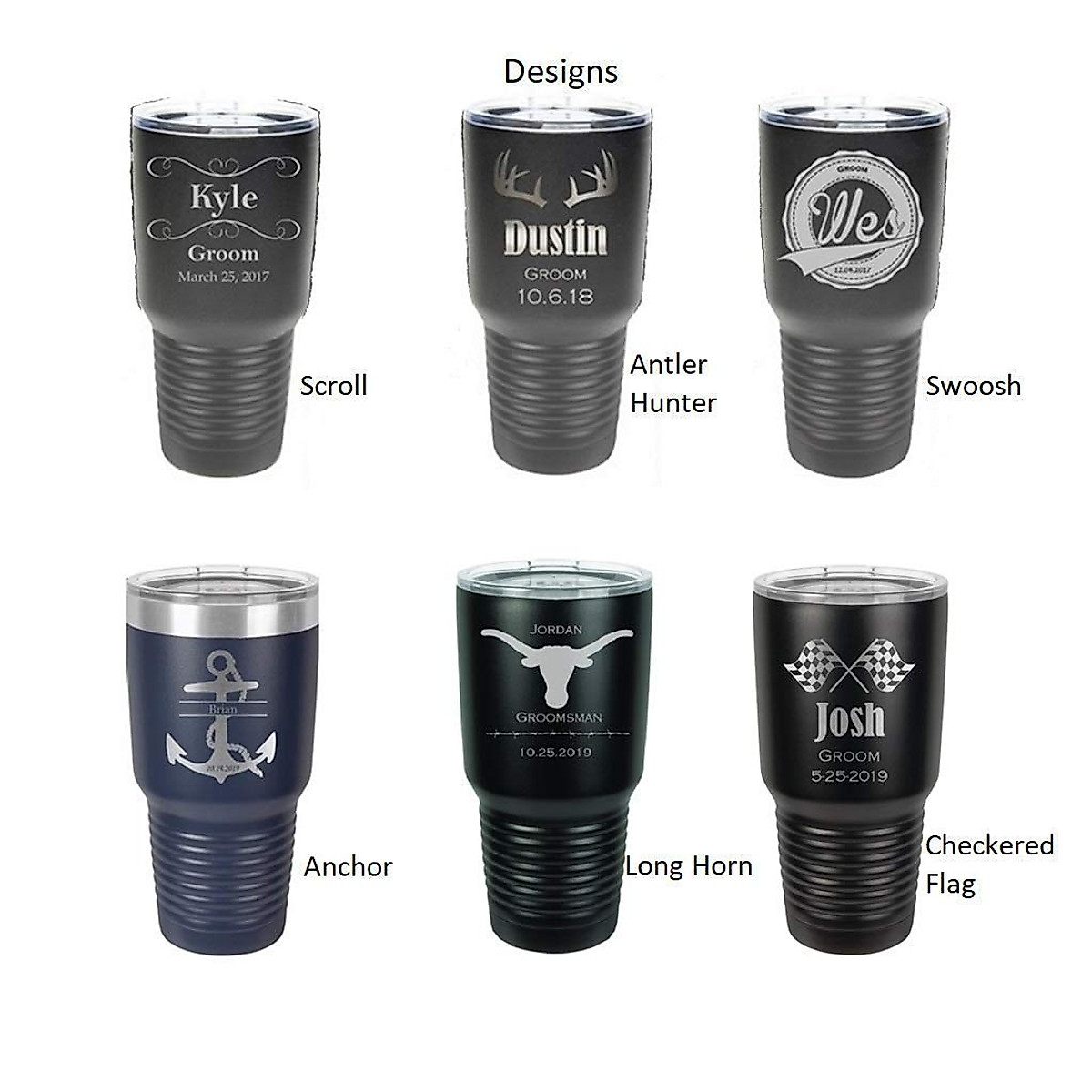 Groomsman 30 ounce Tumbler in Sets of 4 to 15 made of Stainless Steel Custom Engraved with a Clear Lid including Choices of Color, Design, Straw, Thank You Message and Spill Proof Slide Lid