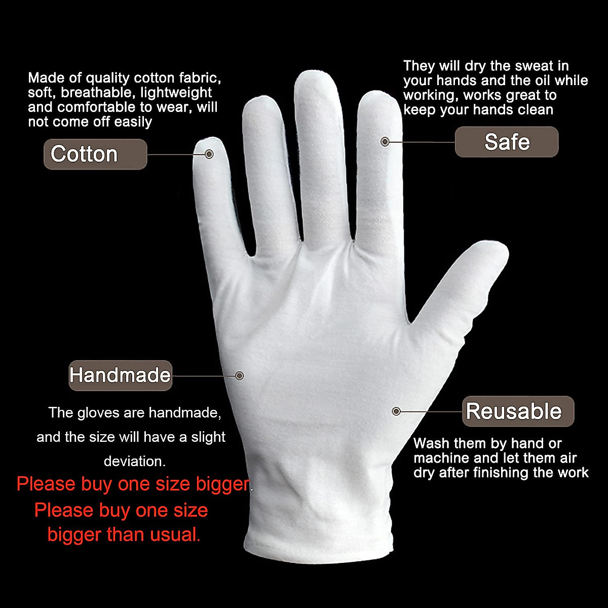 YITIAOYU 24pcs Soft Cotton Gloves for Dry Hands Cotton Sleep Gloves Overnight Eczema Moisturizing Lotion Treatment Reusebale Work Gloves for Coin Jewelry Silver Archival Costume Inspection (Medium)