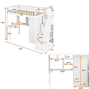 Quarte Multifunctional Wooden Twin Size Loft Bed with Built-in Desk,Bookshelf and Wardrobe,Drawers and Storage Stairs,for Kids Boys Girls Teens Adults Bedroom (White@r)