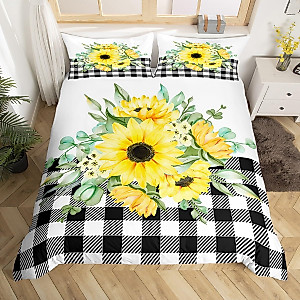 Sunflower Duvet Cover queen, Buffalo Check Bedding Set, Farmhouse Plaid Grid Yellow Floral Wild Botanical Black White Stripe Comforter Cover, Summer Rustic Garden Plants Room Decor Quilt Cover