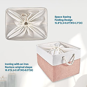 HOdo Home Fabric Storage Bin with Drawstring Closure and 2 Bold Handles, Collapsible Large Canvas Storage Baskets for Organizing Shelf Nursery Home Closet (White&Pink, 15.8L×11.8W×9.5H - 3Pack)