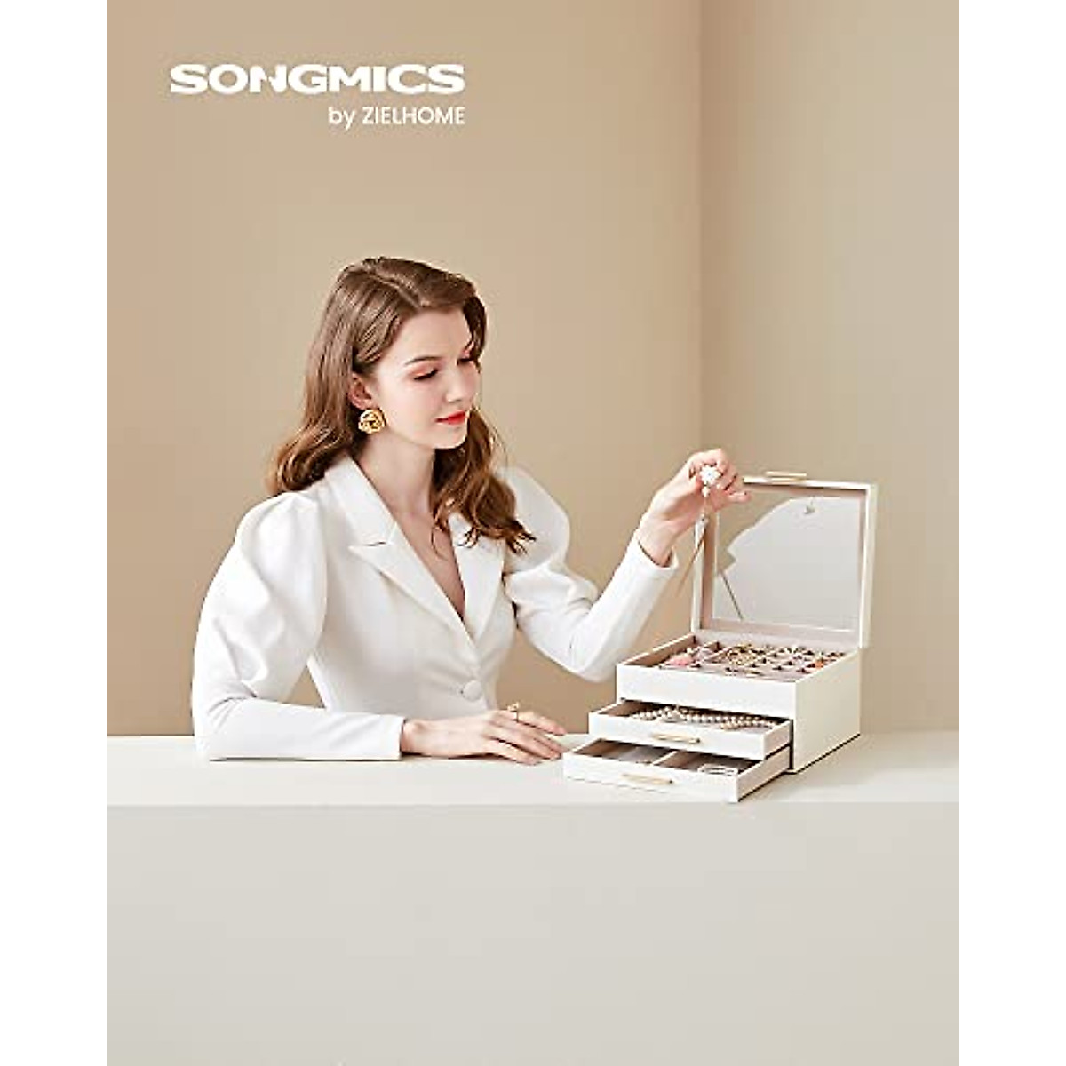 SONGMICS Jewelry Box with Glass Lid, 3-Layer Jewelry Organizer, 2 Drawers, Jewelry Storage, Lots of Storage Space, Modern, Gift Idea, 8 x 9.1 x 5.3 Inches, Cloud White and Gold Color UJBC239WT