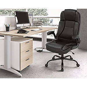 Office Chair Ergonomic Desk Chair PU Leather Computer Chair with Lumbar Support Flip up Armrest Task Chair Rolling Swivel Executive Chair(Black)