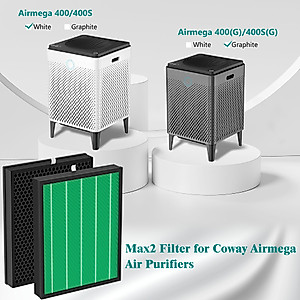 400/400S Replacement Air Filters Set for Coway AIRMEGA MAX2 400 400s 400(G) 400s(G) Purifier 2-in-1 of MAX 2 Green H13 True HEPA Filter and Activated Carbon Filter, 4 Pcs (2 Sets)