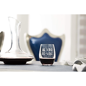 Lushy Wino – Be Kind, Re-Wine – Cute, Novelty, Etched Stemless 16-Ounce Wine Glass with Funny Sayings in Gift Box