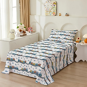 Bedmoon Boys Twin Sheets, Kids Train Bed Sheet Set with Non-Slip Fitted Sheet, Boys Soft Microfiber Twin Sheets & Pillowcases, Yellow Orange