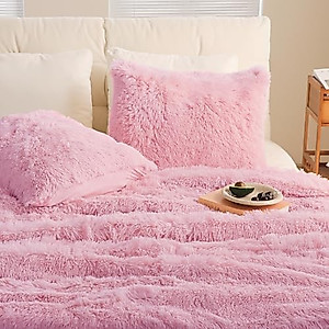 Syalife Plush Fluffy Bedding, Soft Shaggy Comforter Set Twin Size, Faux Fur Pink Shaggy Duvet Cover Set Comforter Cover with Pillow Sham (Twin, Pink)