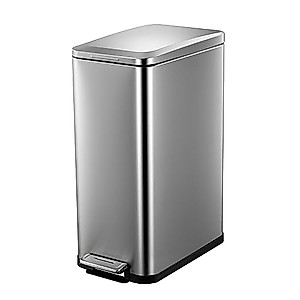 Fashionwu Slim Trash Can, Smudge Resistant Rectangular Garbage Can with Soft-Close Foot Pedal, Brushed Stainless Steel, 50 Liter/13 Gallon