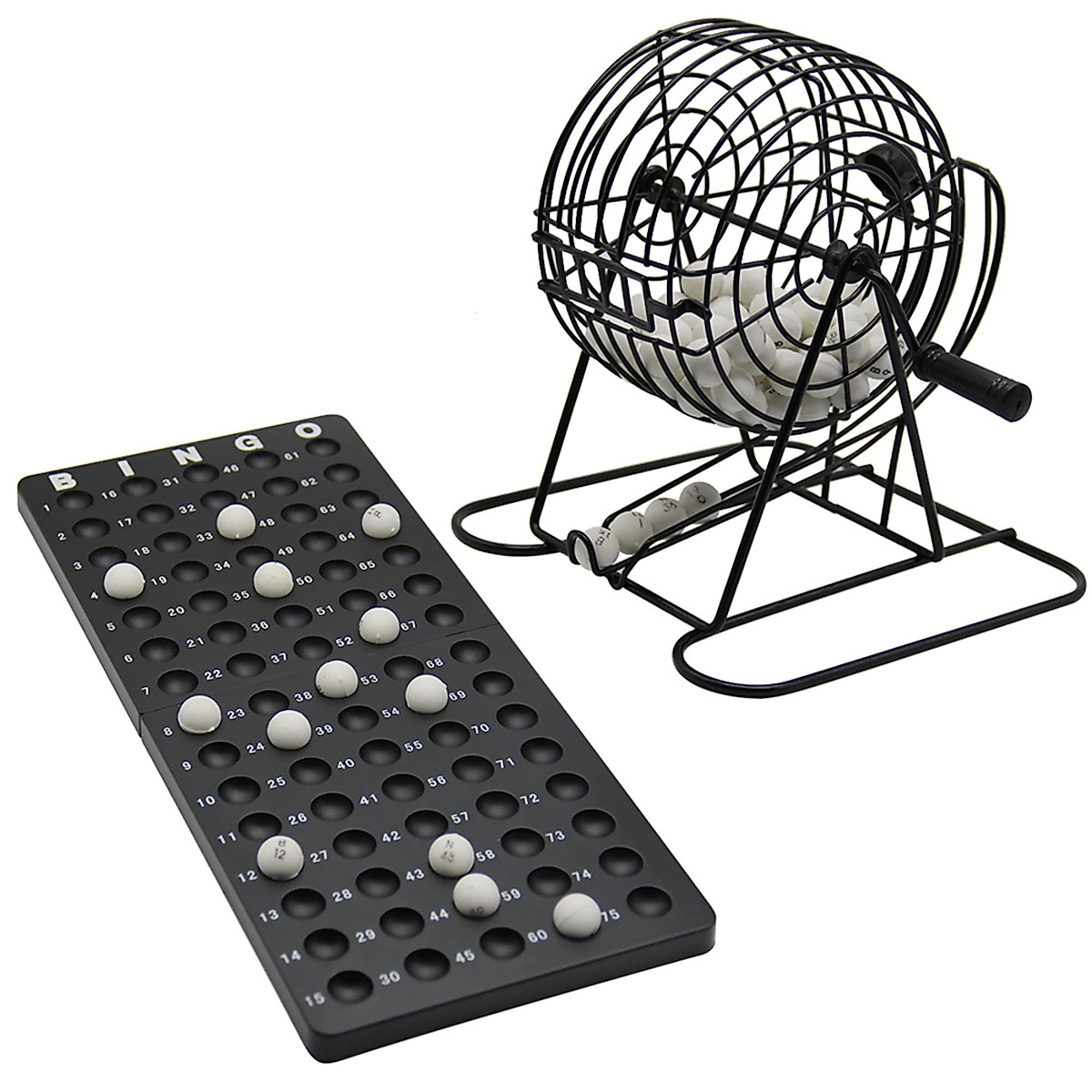 Lulu Home Bingo Game Set , 8 Inch Metal Bingo Cage Include 3/5 Inch White Balls, Bingo Chips, Bingo Board, 18 Bingo Cards, Black