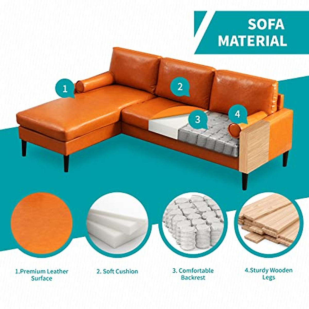 BALUS Faux Leather Sofa Couch | L Shaped Mid-Century Couch with Bolster Pillows | Chaise Lounge Indoor | Cognac Tan Sectional Furniture for Living Room Apartment