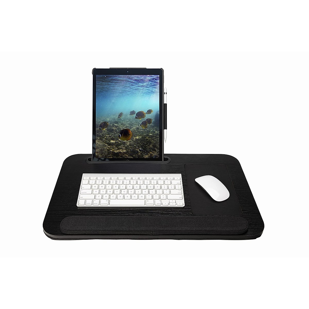 Prestige Import Group Portable Lap Desk with Built-in Mouse Pad, Wrist Pad, Tablet Holder, Cushioned Bottom in Black Oak - Fits up to 17" Laptops