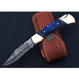 Smart & Sharp Custom Handmade Damascus Steel Folding Knife/Pocket Knife AR-17395 (Blue Colored wood) (blue)