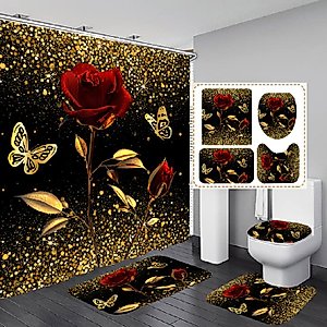 RinRinfam 4Pcs Gold Rose Shower Curtain Set, Gold Star Sparks Butterfly Curtain with Non-Slip Rug,Toilet Lid Cover,U Shape Mat,Curtain with 12 Hooks Bathroom Decor Sets,Black 72"×72"