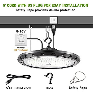 BFT 300W UFO LED High Bay Light 45,000LM 5000K Dimmable (0-10V) 5' US Plug - Commercial Shop Lights for Garage Gym Factory and Low Bay Area Warehouse Lighting Fixture