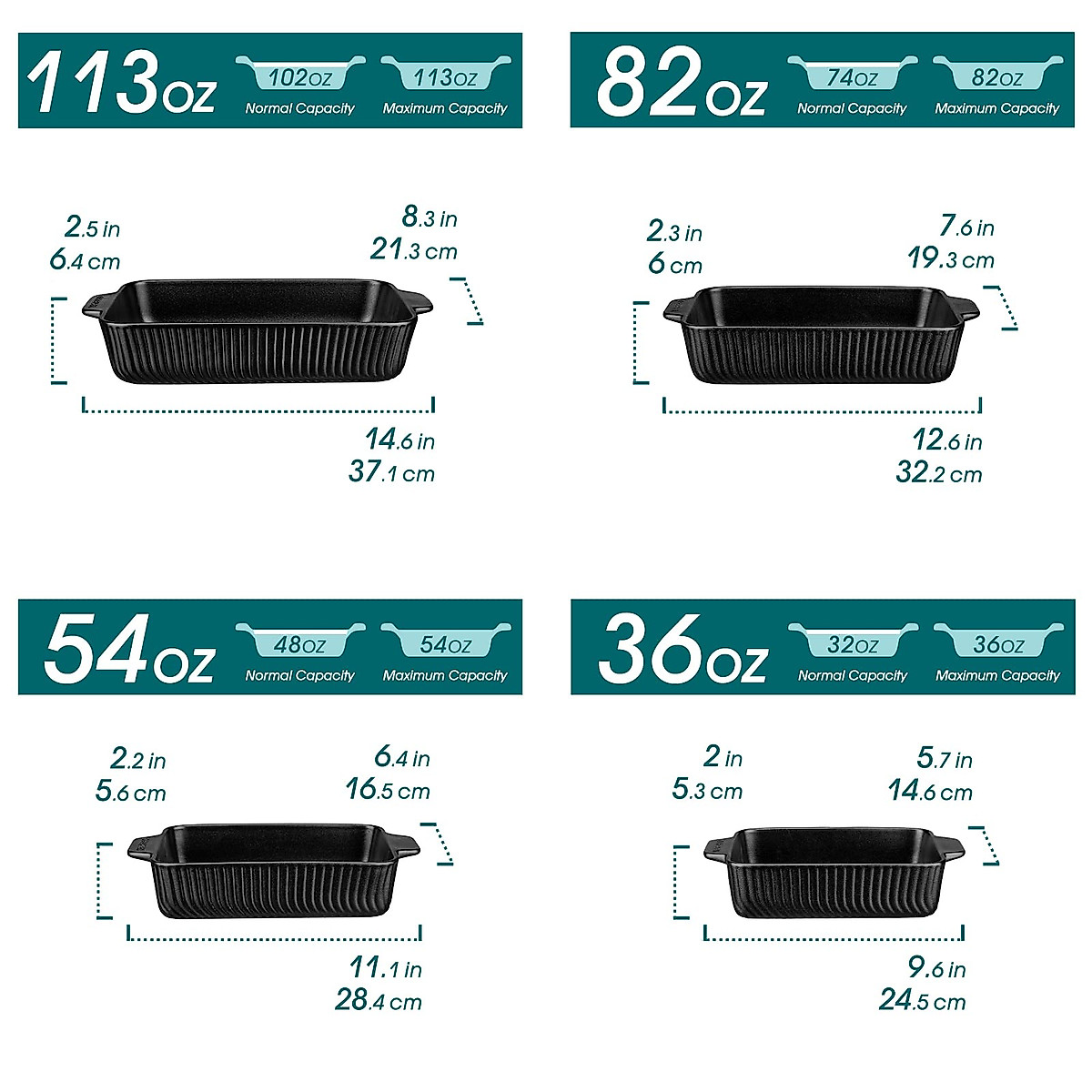 vancasso Forte 4-Piece Stoneware Baking Dish Set - Rectangular Casserole and Lasagna Pans with Handles, Deep Oven-Safe Bakeware for Cooking, Black