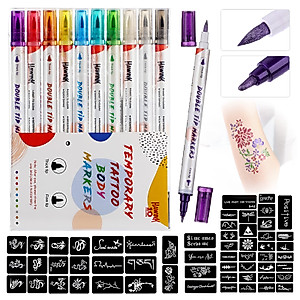 HAWINK Temporary Tattoo Markers for Skin, 10 Body Markers + 56 Large Tattoo Stencils for Kids and Adults, Dual-End Tattoo Pens Make Bold and Fine Lines with Cosmetic-Grade Tattoo Ink ZYH2208001KIT