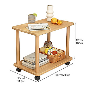 Altsuceser Small Table, 2 Tier Open Shelf End Table with Wheel, Kitchen Storage Cart, Wood Rolling Sofa Side Table for Living Room Bedroom Small Spaces Wooden Color