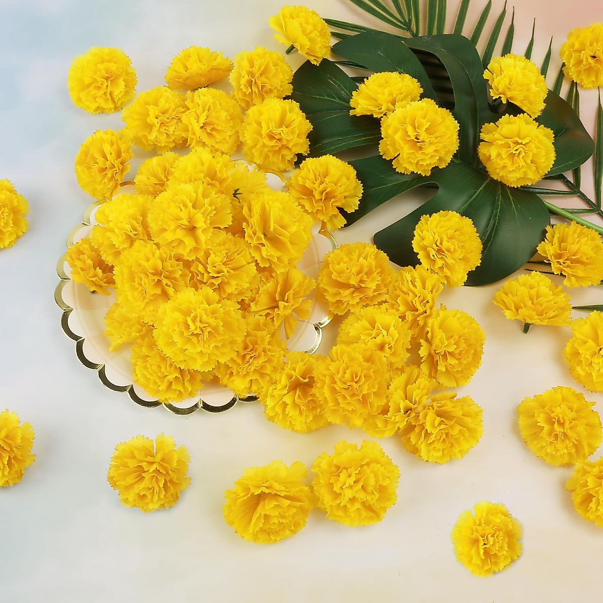 30 pcs Artificial Marigold Flowers,2inch Silk Marigold Flower Heads,Yellow Flowers Artificial for Decoration,Marigold Heads for Parties,Indian Wedding,Indian Theme,Diwali Home Decor DIY Wreath Garland