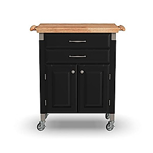 Home Styles Black Dolly Madison Prep and Serve Kitchen Cart with Natural Top, Locking Casters, Two Drawers, Two Storage Cabinets