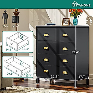 YITAHOME 5 Drawer Dresser, Metal Storage Chest of Drawers, Large Capacity Clothing Storage Organizer with Golden Handles, Tall Dresser for Bedroom, Living Room, Hallway, Entryway, Black