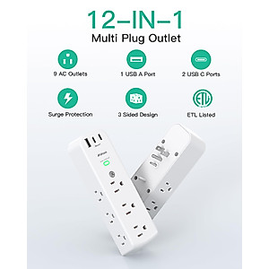 Surge Protector Outlet Extender, 9 AC Multi Plug Outlet with 3 USB Ports (2 USB C), 1080 Joules, 3-Sided Power Strip with Spaced Outlet Splitter for Home, Dorm Room Essentials