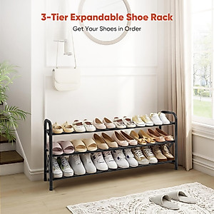 Tadelz 3-Tier Expandable Shoe Rack, Adjustable Metal Shoe Rack for Closet Free Standing Shoe Shelf Storage Organizer for Front Door Small Space Entryway Garage Hallway Bedroom, Black