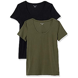 Amazon Essentials Women's Classic-Fit Short-Sleeve Scoop Neck T-Shirt (Available in Plus Size), Pack of 2, Dark Olive/Black, XX-Large