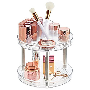 mDesign Spinning 2-Tier Lazy Susan Makeup Turntable Storage Center Tray - Rotating Organizer for Bathroom Vanity Counter Tops, Dressing Tables, Cosmetic Stations - Ligne Collection - 9" Round - Clear