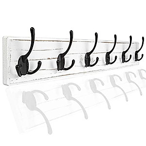 Ilyapa Coat Rack Wall Mount with Triple Hooks - 27 Inch Wood Wall Mount Coat Rack with Hooks, 6 Metal Three Pronged Tri-Hooks - for Hats, Coats, Kitchen, Bedroom, and More - White Finish