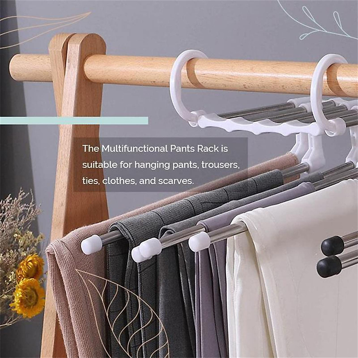 Multifunctional Pants Rack Hanger 2 Pack Pants Racks for Hanging Pants, 5 in 1 Adjustable Pant Rack Towel Shelves Closet Organizer Stainless Steel Wardrobe Magic Trouser Hangers Space Saving (Black)