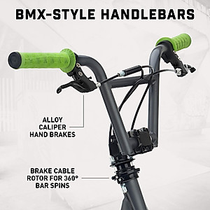 Mongoose Expo Kick Scooter, BMX-Style Handlebar & Brake Cable Rotor, For Riders Ages 6 and Up, Rear Axle Pegs, 12-Inch Air Tires, Max. Weight of 175 lbs., Green/Grey