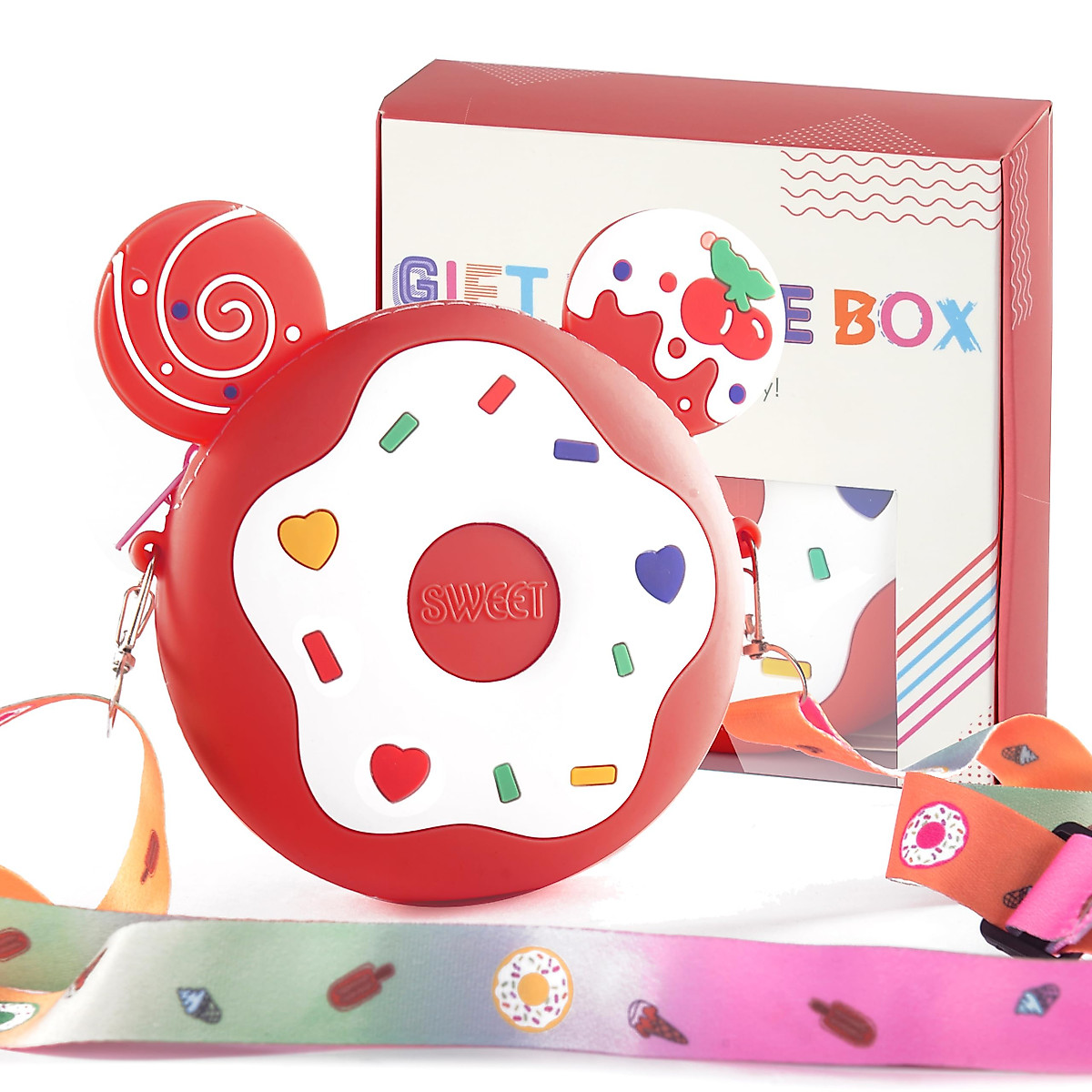 CONTRACONTACT Sweet Kids Purse Donut Bag in Boxes as Gift, Donuts Purses as Kids Toys for Age 3 4 5 Year Old, Doughnut Crossbody as Trendy Stuff (Donut Red)