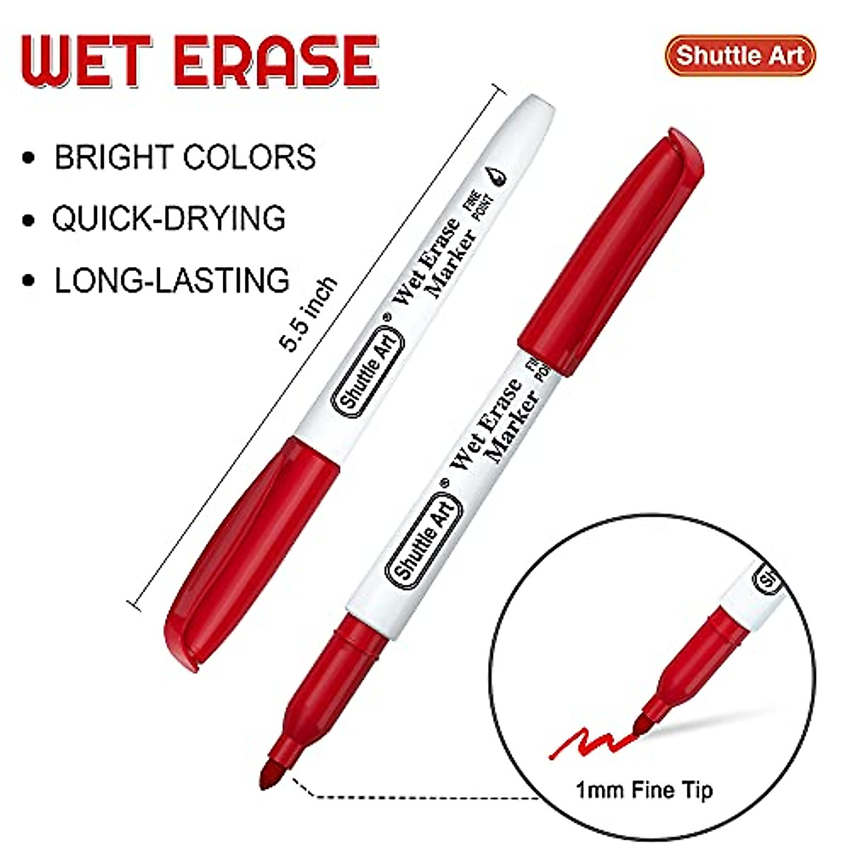 Shuttle Art Wet Erase Markers, 15 Colors 1mm Fine Tip Smudge-Free Markers, Use on Laminated Calendars,Overhead Projectors,Schedules,Whiteboards,Transparencies,Glass,Wipe with Water