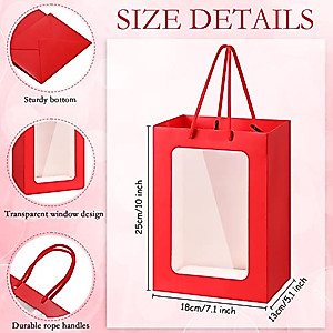 50 Pcs Paper Gift Bags with Transparent Window Clear Gift Bags Empty Gift Basket Flower Bag with Handles for Wedding Bridal Shower Thanksgiving Present Festival Party (Red, 10 x 7.1 x 5.1 Inch)
