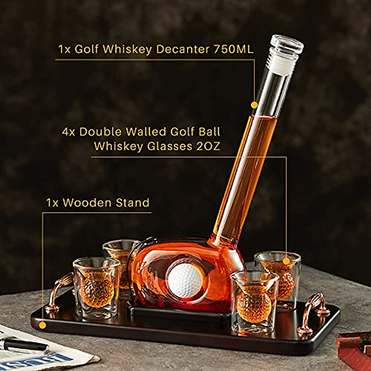 Golf Decanter Whiskey Decanter Set with 4 Golf Ball Whiskey Glasses - Unique Golf Gifts for Men - 750ML Golf Themed Liquor Decanters for Alcohol, Bourbon, Scotch, Vodka, Tequila, Wine