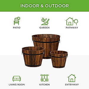 Best Choice Products Set of 3 Wooden Bucket Barrel Garden Planters Set Rustic Decorative Flower Beds for Plants, Herbs, Veggies w/Drainage Holes, Multiple Sizes, Indoor Outdoor Use
