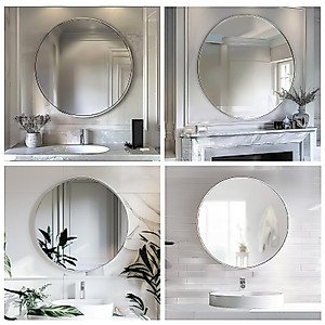 Sunniry Silver Round Mirror, Round Mirror 24 inch, Round Bathroom Mirror, Silver Circle Mirror Metal Frame, Round Mirrors for Living Room, Bathroom, Wall, Hallway.
